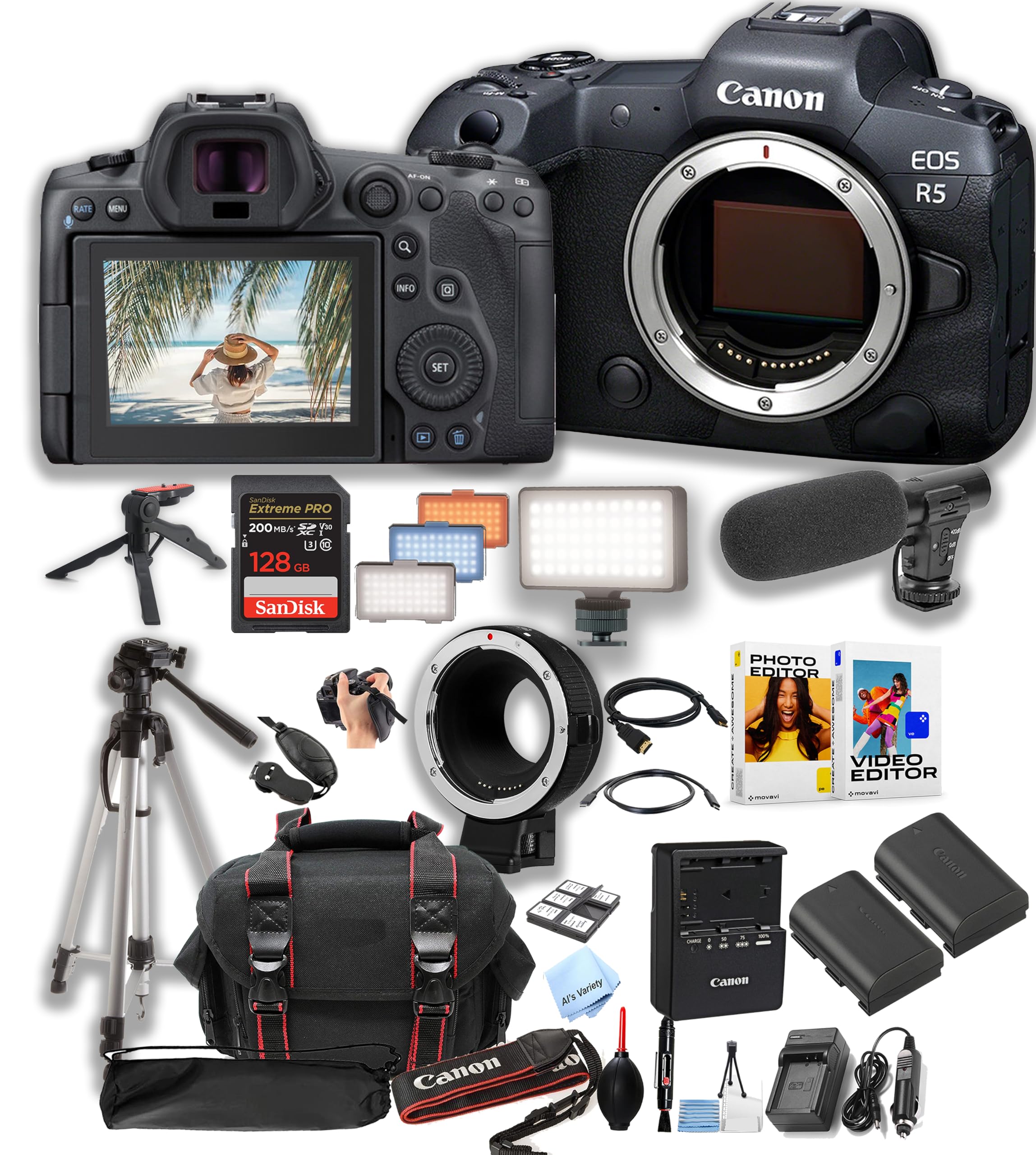 Canon EOS R5 Mirrorless Camera Body + 128GB Pro Speed Memory + EF-RF Lens Adapter + Led Video Light + Microphone +Case + Tripod + Software Pack-Video Bundle (Renewed)