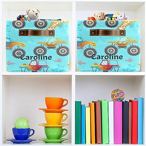 Blue Monster Trucks Personalized Storage Bins Baby Shelf Basket Custom Organizer with Handle for Bedroom Nursery Toy 1 Pack