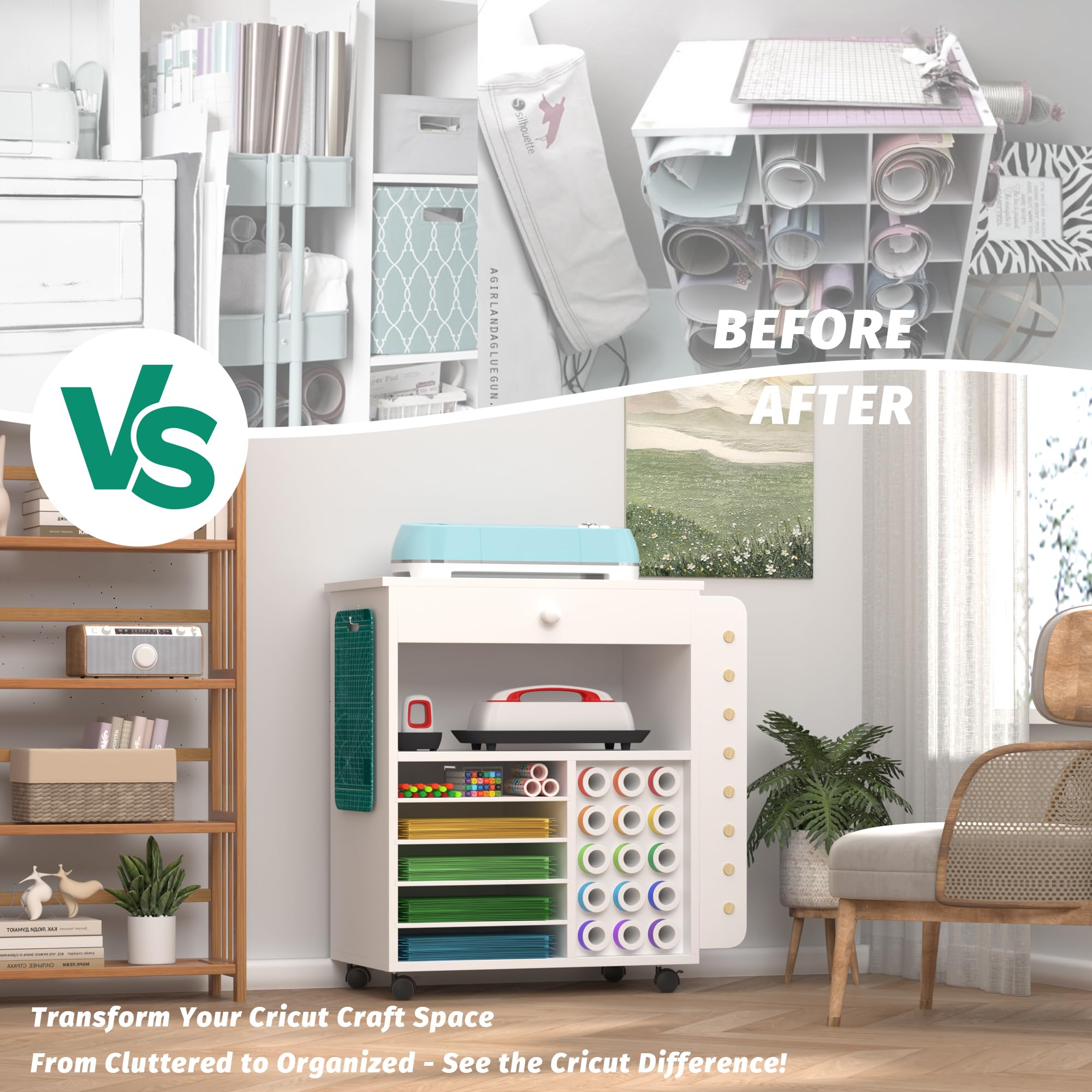 Craft Organization and Storage Cart Compatible with Cricut Machines, Featuring Vinyl Roll Holder and Drawers, Rolling Craft Storage Cabinet and Workstation for Craft Room and Home