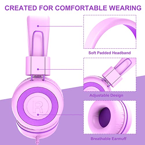 Kids Headphones Wired Headset for School with Adjustable Headband,3.5mm Jack Foldable On-Ear Headphones with Sharing Cable for Girls Boys Teens Children,Pink