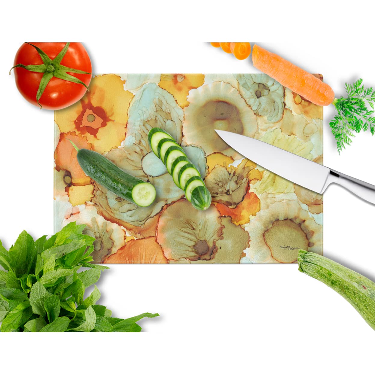 Caroline's Treasures 8969LCB Abstract Flowers Teal and Orange Glass Cutting Board Large Decorative Tempered Glass Kitchen Cutting and Serving Board Large Size Chopping Board