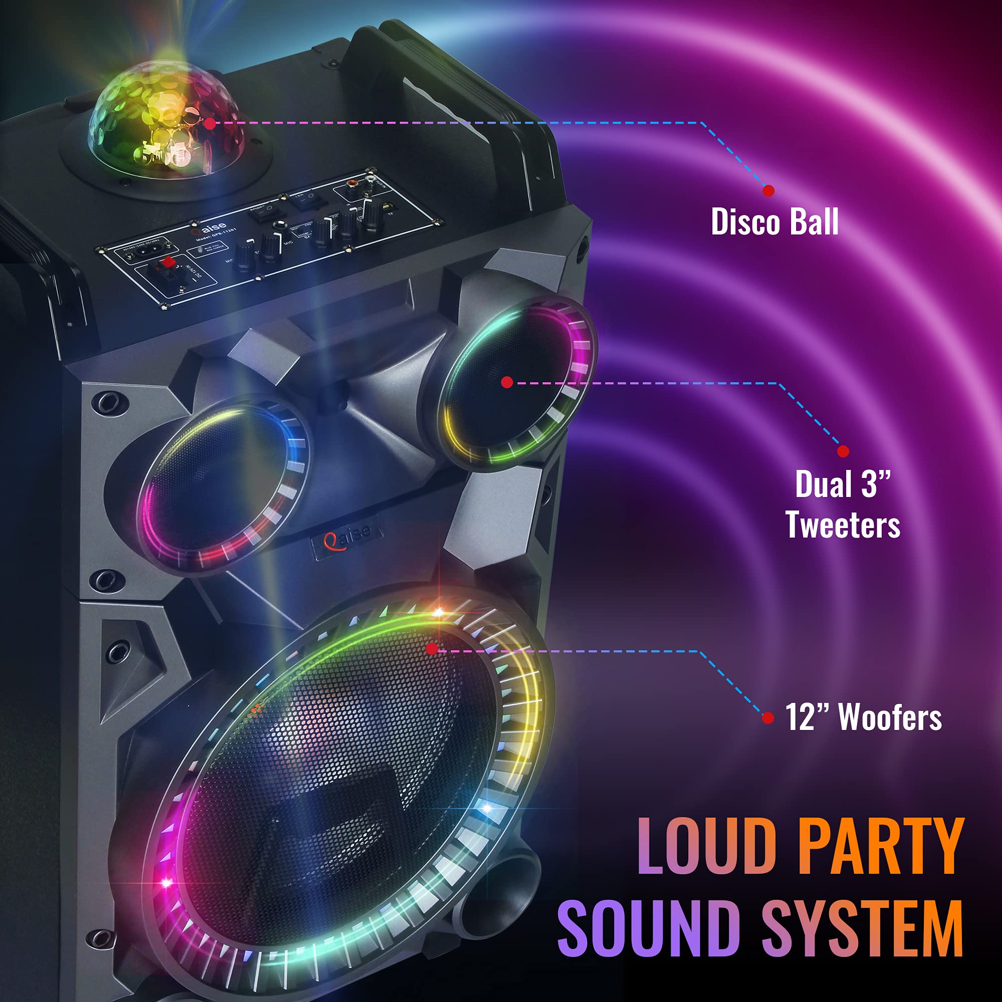 Portable Bluetooth Party Speaker and Karaoke Machine with 2 Wireless Mics, Disco Ball, LED Lights, Handle and Wheels, FM Radio. Loud Party Sound System, Rechargeable Tailgate PA Speaker
