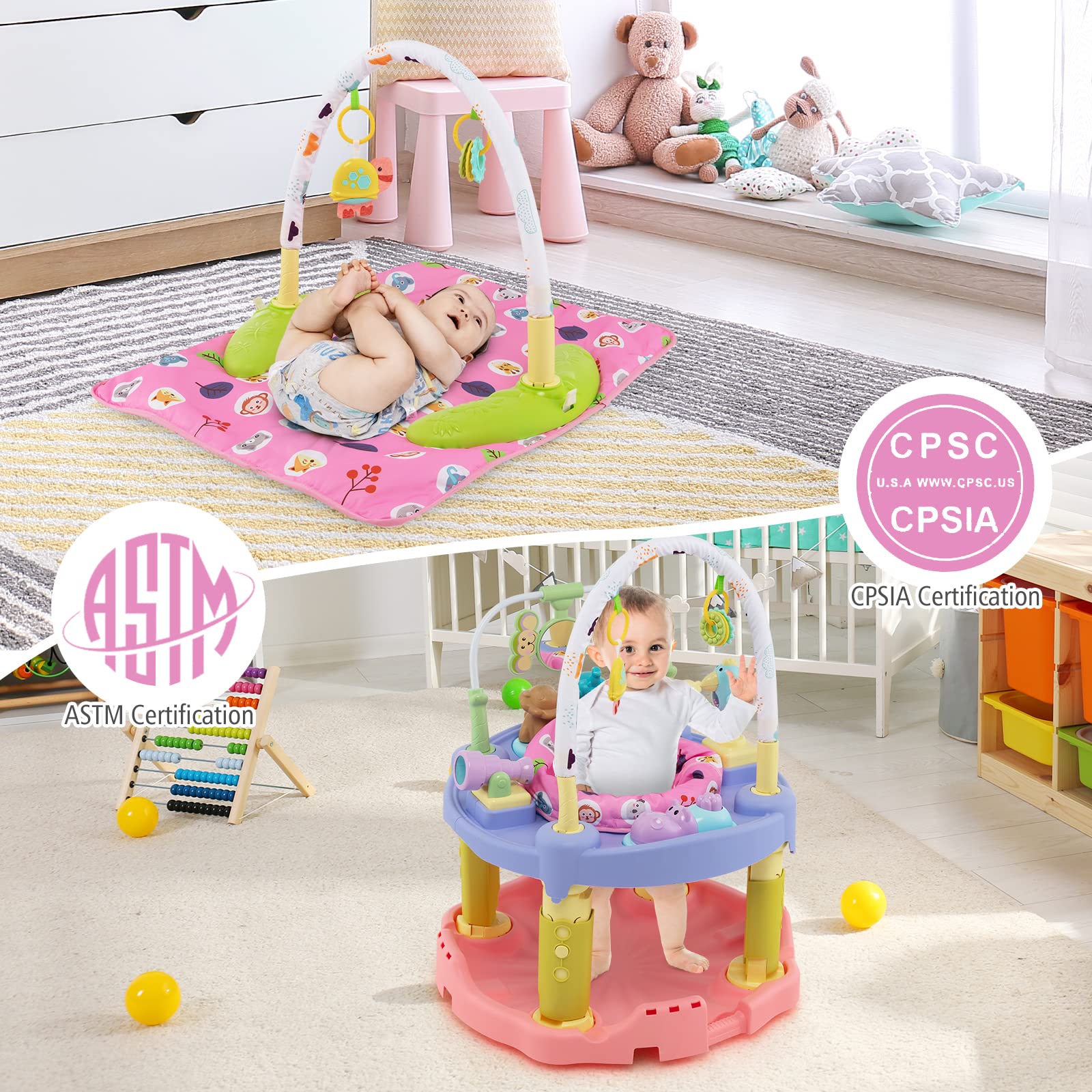 BABY JOY Baby Bouncer Activity Center, 3 in 1 Activity Center & Table | Infant Play Mat, Bouncing Activity Saucer w/Music, 3 Adjustable Height, 360° Seat, Exersaucer for Babies 0-24 Months (Pink)