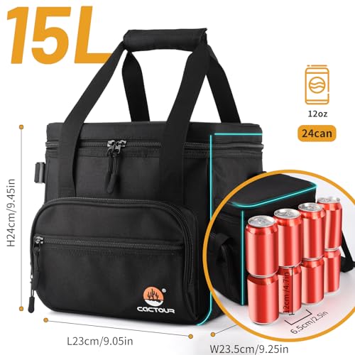 CaCTOUR Large Lunch Bag for Men - Insulated Mens Lunchbox for Work Office Picnic 24-Can (15L) Collapsible & Leakproof Cooler Bag with Adjustable Shoulder Strap for Adults (Black)