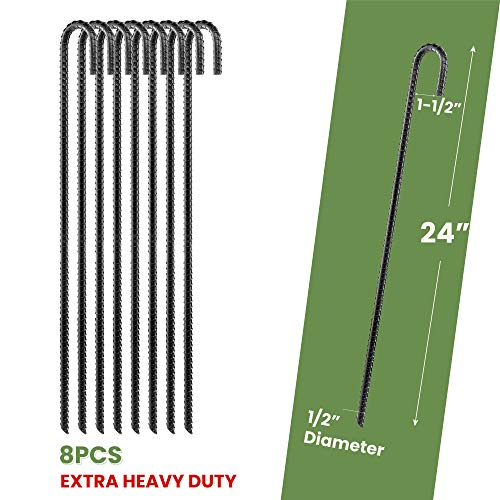 CRIZTA 24” Set of 8 Ground Rebar Stakes Heavy Duty J Hook Ground Anchors, Curved Steel Plant Support Garden Stake with Chisel Point end, Hammer Through Hard Soil for Camping Tent - Black Powder Coated