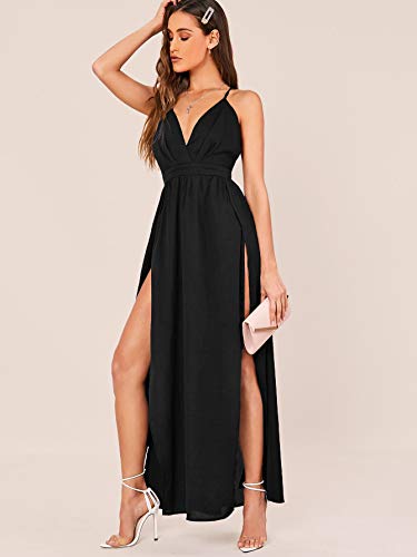 Floerns Women's V Neck Spaghetti Strap Backless Split Cocktail Party Maxi Long Dress A Black M