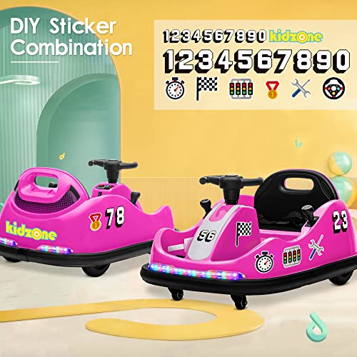 Kidzone 12V 2 Driving Mode (Steering Wheel/Joystick) Ride On Bumper Car for Kids & Toddlers 1.5-6 Year Old DIY Sticker Baby Bumping Toy Gifts W/Remote Control LED Lights, 360 Degree Spin
