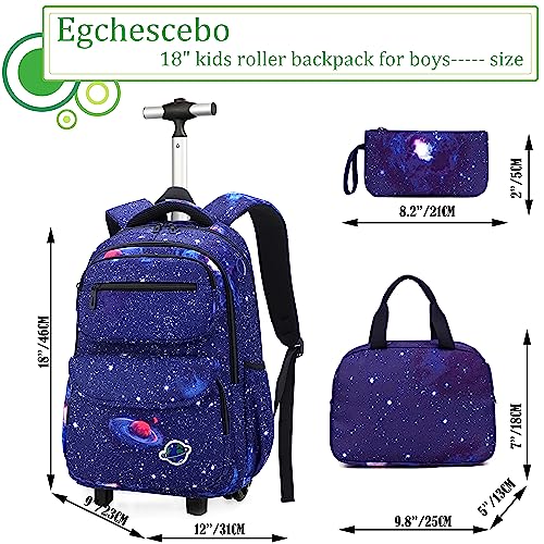 Egchescebo School Kids Rolling Backpack for Boys With Wheels 3PCS 18" Trolley Wheeled Backpacks Students Travel Bags Backpack With Lunch Box Pencil Bag (Non-Removable for More Durability) Blue