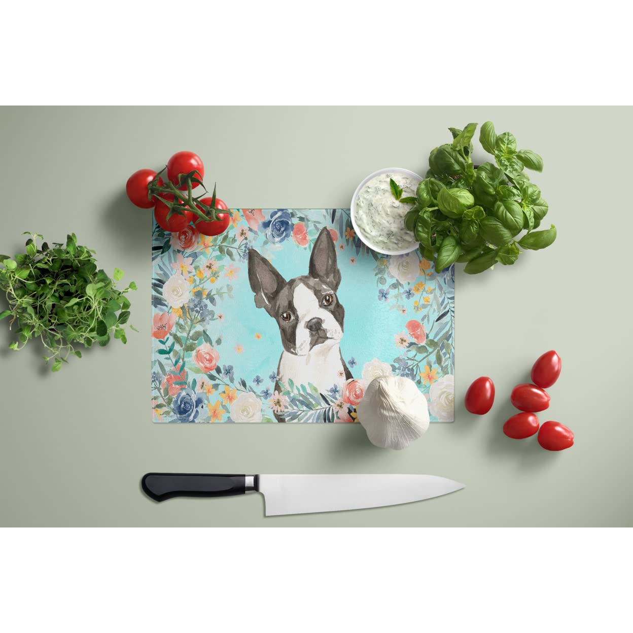 Caroline's Treasures CK3433LCB Boston Terrier Glass Cutting Board Large Decorative Tempered Glass Kitchen Cutting and Serving Board Large Size Chopping Board