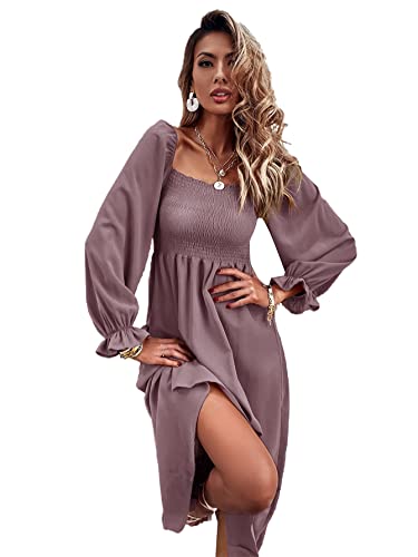 Floerns Women's Boho Floral Print Square Neck Flounce Sleeve A Line Long Dress Mauve Purple S