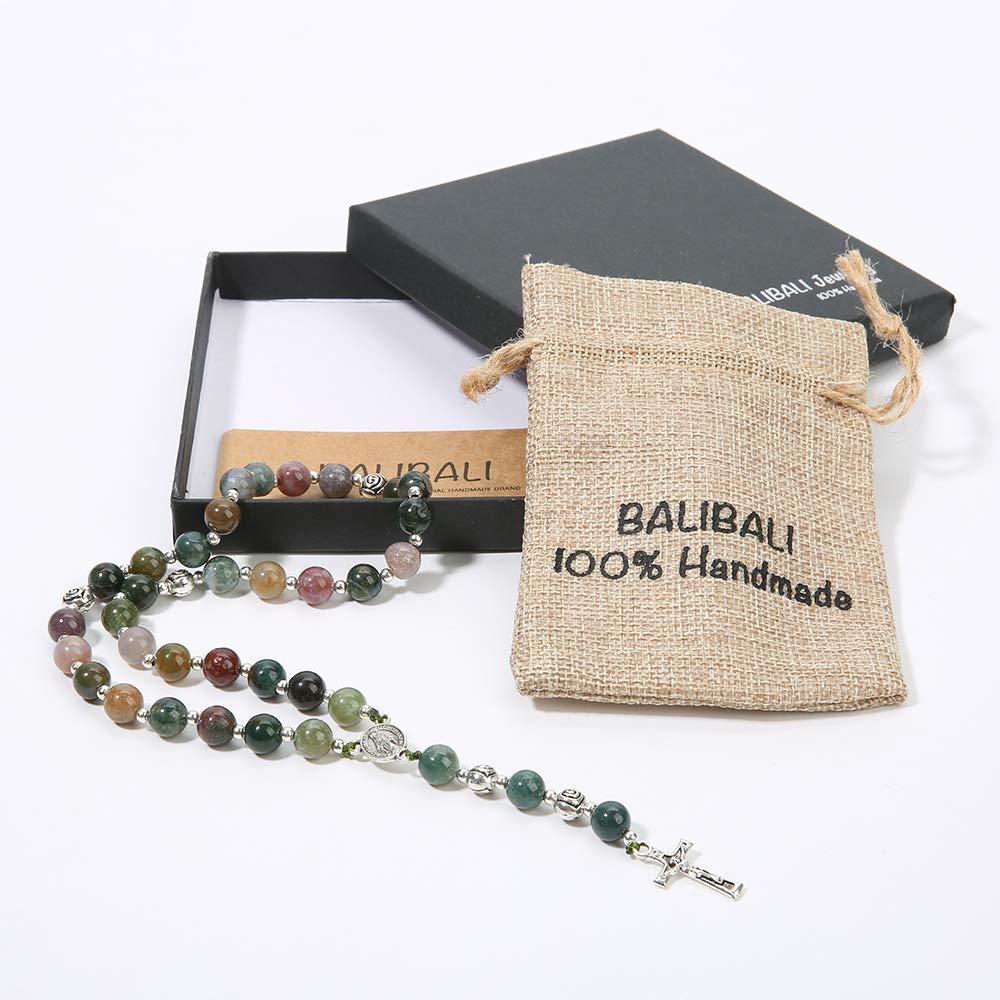 BALIBALI Handmade 8mm Anglican Prayer Beads Rosary Jade Natural Stone Rosary Beads with Pardon Crucifix Cross Custom Rosary (Silver(Amazonite))