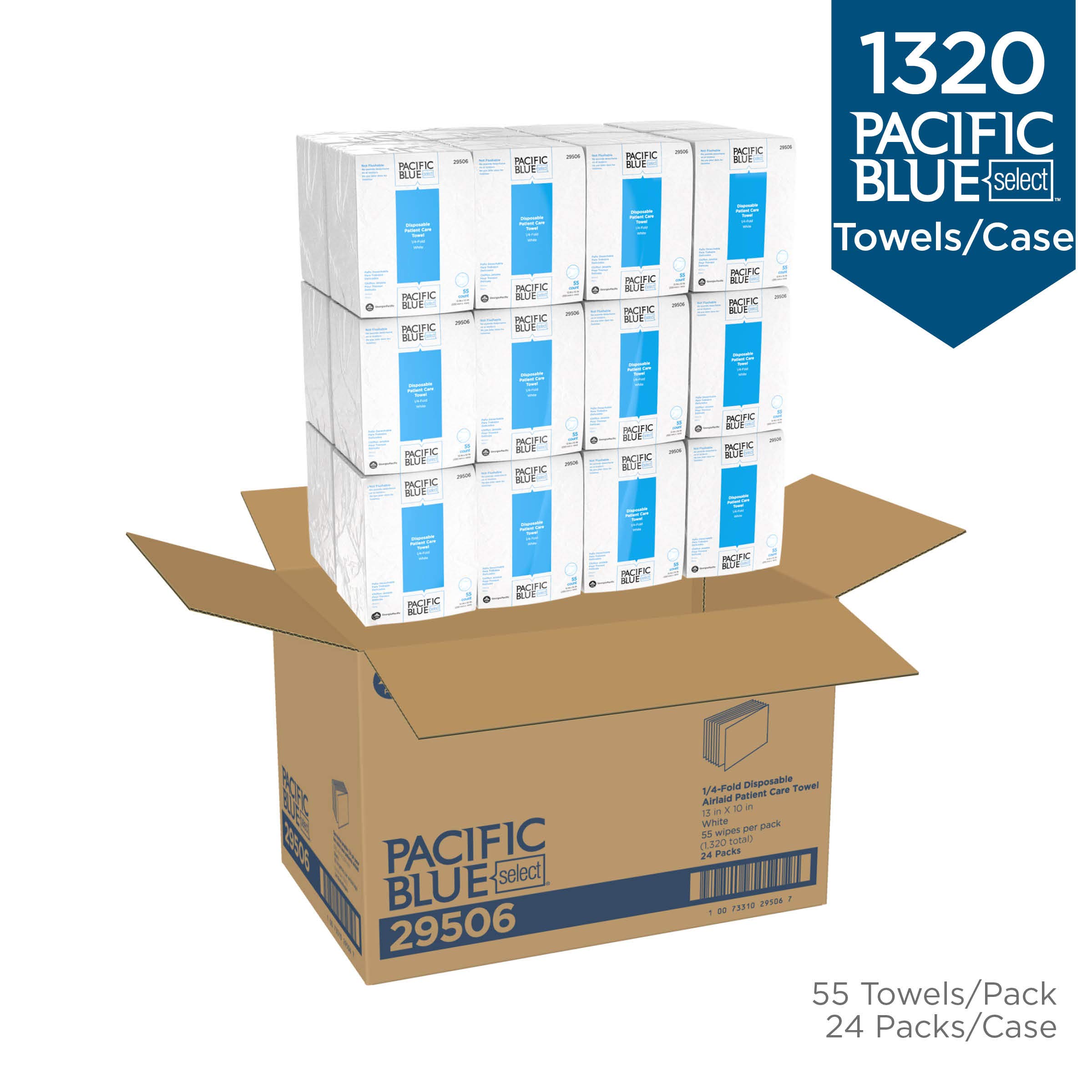 Pacific Blue Select A300 Disposable Patient Care Washcloth by GP PRO (Georgia-Pacific), 29506, 1/4 Fold, White, 55 Towels Per Pack, 24 Packs Per Case, Towel (WxL) 13" x 10