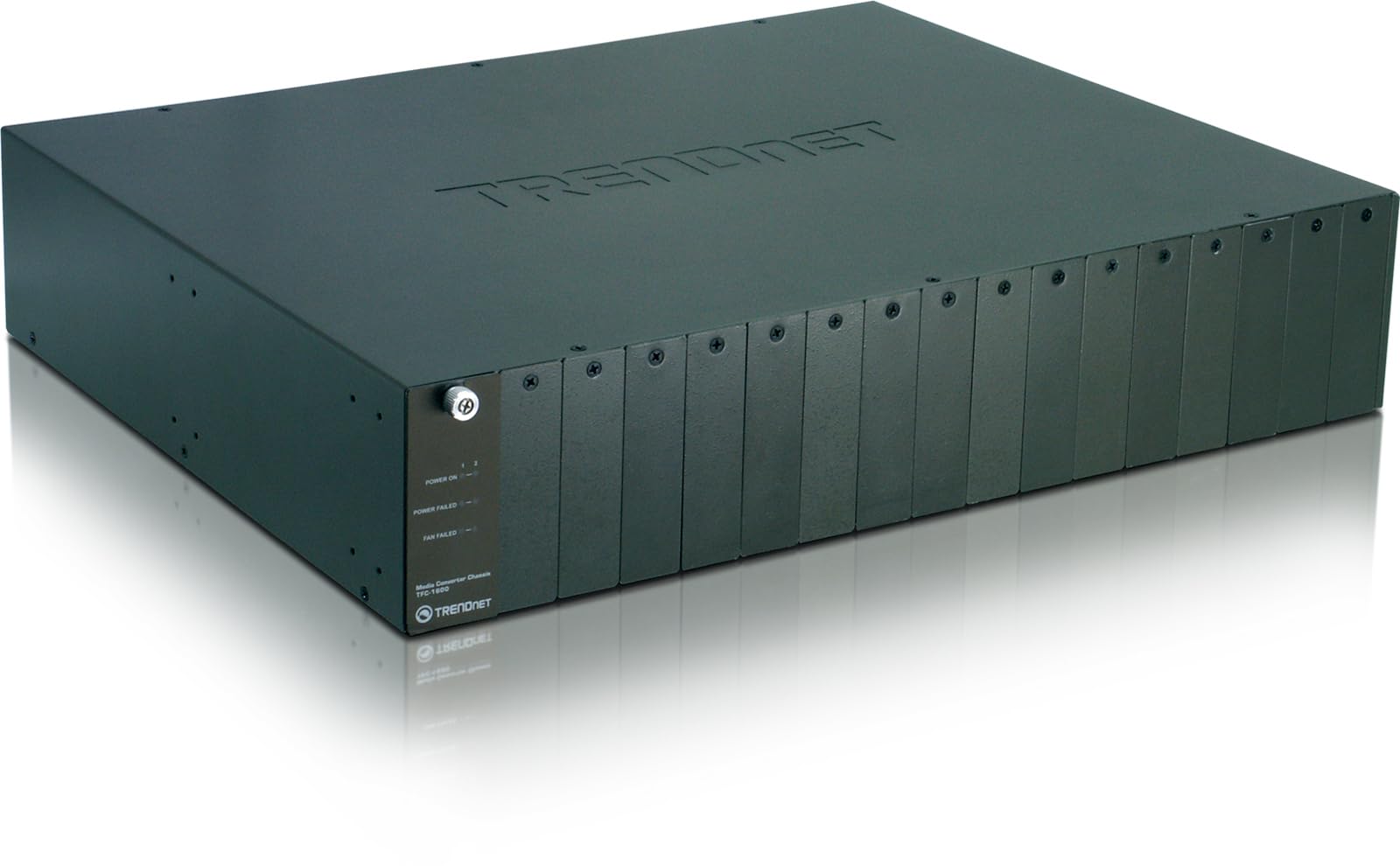 TRENDnet 16-Bay Fiber Converter Chassis System, Hot Swappable, Housing for up to 16 TFC Series Media Converters, Fast Ethernet RJ45, RS-232, SNMP Management Module, Lifetime Protection, TFC-1600