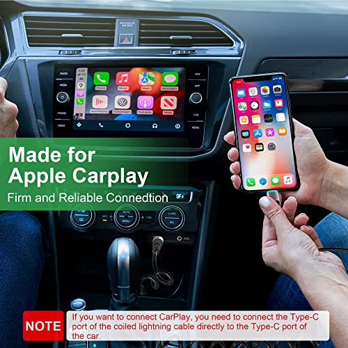Coiled USB C to Lightning Cable, Apple Carplay Cable [Apple MFi Certified] Retractable iPhone Charger Cord with Data Sync and Blue LED, Coiled Lightning Cable Carplay Compatible with iPhone Pad Pod