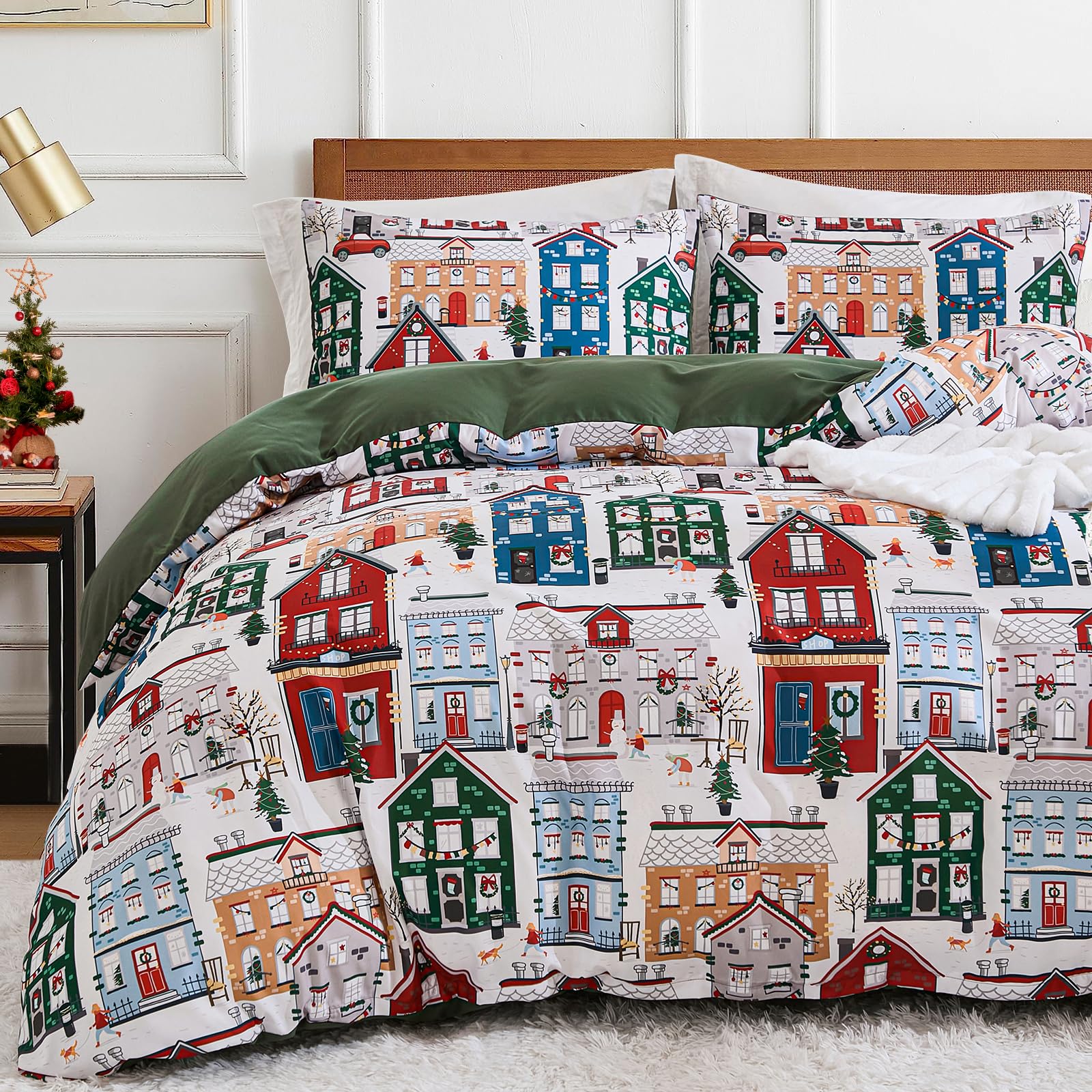 Dobuyly White Christmas Duvet Cover Queen, Blue Red Christmas Tree Pattern Duvet Cover Set, Soft Microfiber Pine Christmas Bedding Set Queen Size Includes 1 Duvet Cover and 2 Pillow Shams