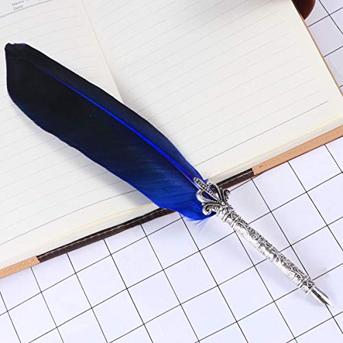 STOBOK Ancient Calligraphy Quill Feather Pen Set Vintage Beautiful Pen Set for Office and Store (Blue + 5 Nibs + Ink)