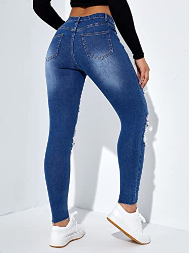 Floerns Women's Cut Out Ripped Jeans Raw Hem High Waist Skinny Denim Pants Blue S