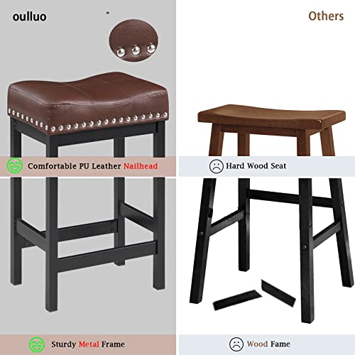 OUllUO Single Bar Stools, 24" Counter Height Bar stools, PU Leather Bar Stools for Kitchen Counter, Modern Metal Base Padded Saddle Barstool with Nailhead Trim Stools for Island,Brown,918BR1
