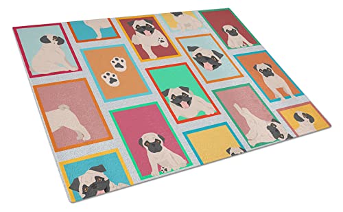 Caroline's Treasures MLM1090LCB Lots of Fawn Pug Glass Cutting Board Large Decorative Tempered Glass Kitchen Cutting and Serving Board Large Size Chopping Board