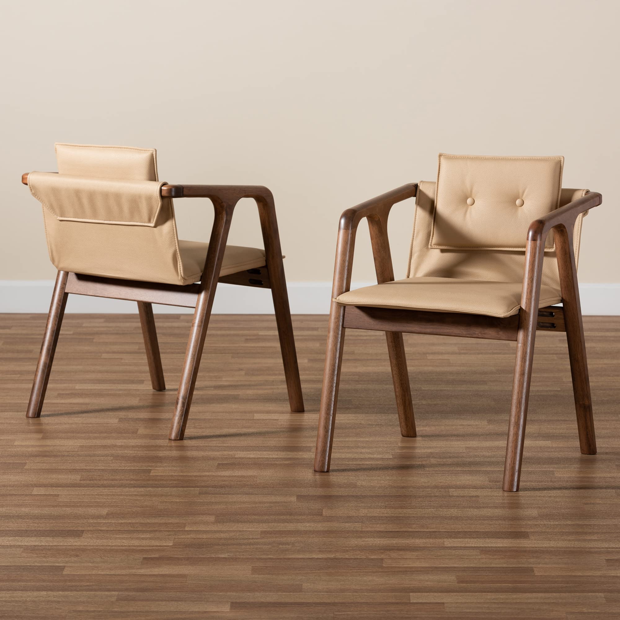 Baxton Studio Marcena Dining Chair Set Beige Imitation Leather Upholstered and Walnut Brown Finished Wood 2-Piece Dining Chair Set