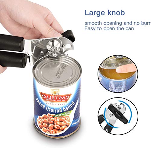 Can Opener, Stainless Steel Manual Can Opener, Food-Safe, Multifunctional Bottle Openers with Non-Slip Handle & Oversized Turn Knob, Smooth Edge, Ultra Sharp Cutting for Seniors with Arthritis