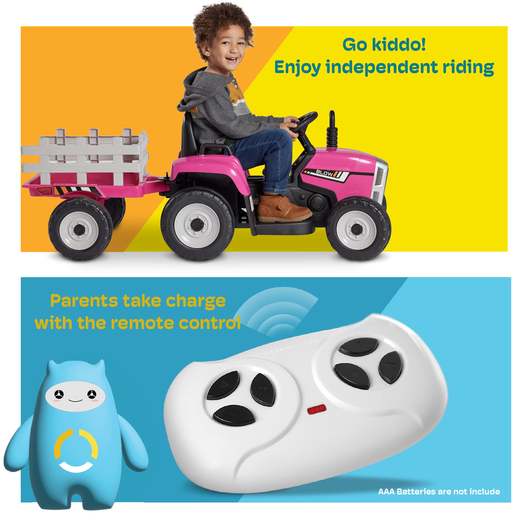 Kidzone 12V 7AH Treaded Tires with Dual 25W Motors Remote Control Battery Powered Electric Tractor with Trailer Toddler Ride On Toy with 3-Gear-Shift 7-LED Lights, MP3 Audio - Pink