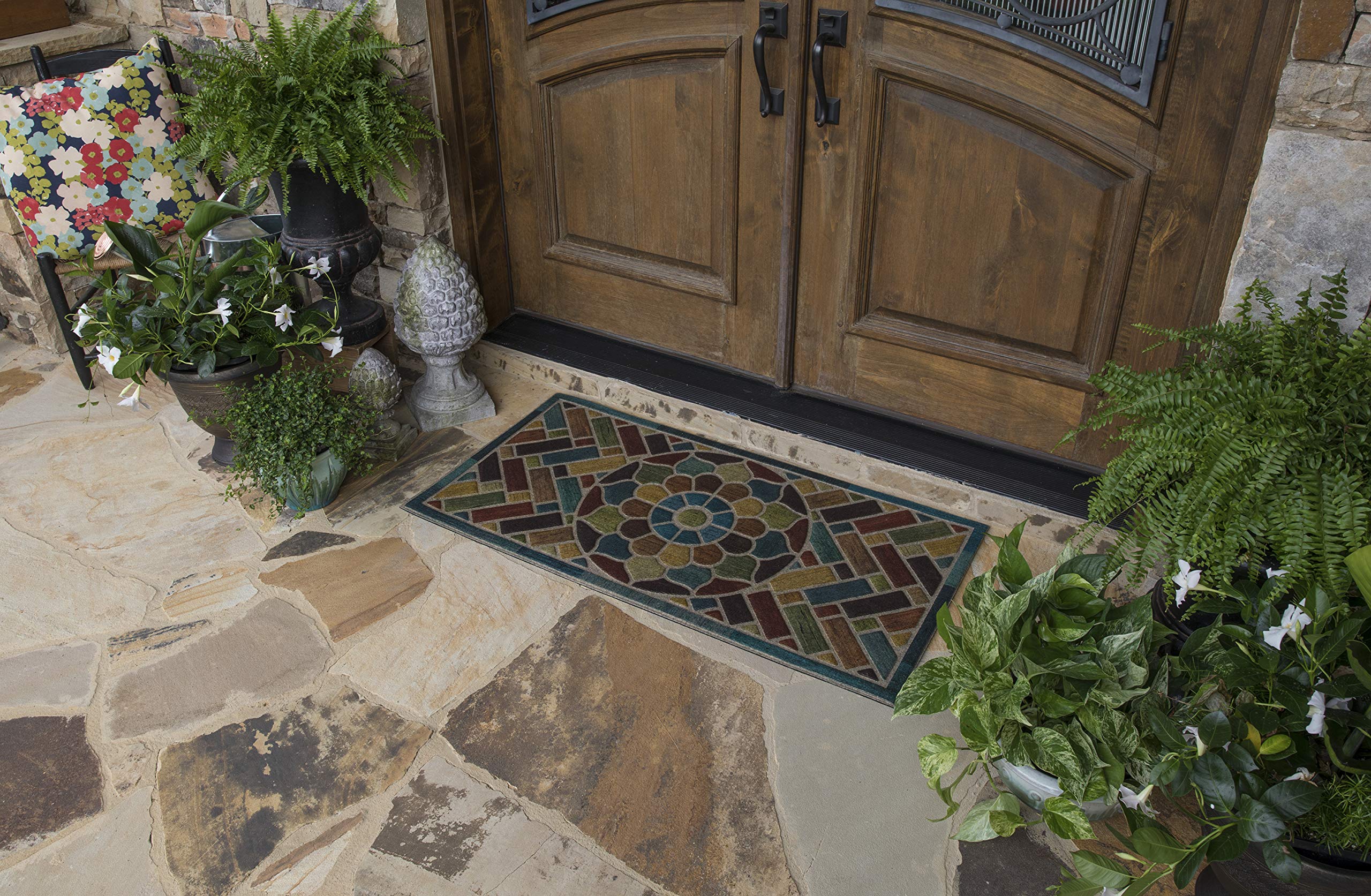 Mohawk Home Entryway Door Mat 2' x 4' All Weather Doormat Outdoor Non Slip Recycled Rubber, Woodblock Garden Tile Multicolor