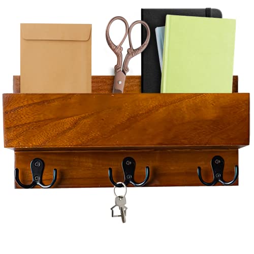Comfify Modern Mail Sorter Organizer for Wall with 3 Double Key Hooks - Wooden, Wall Mount Mail Holder Organizer – Modern Farmhouse Wall Décor for Entryway, Made of Paulownia Wood - Brown
