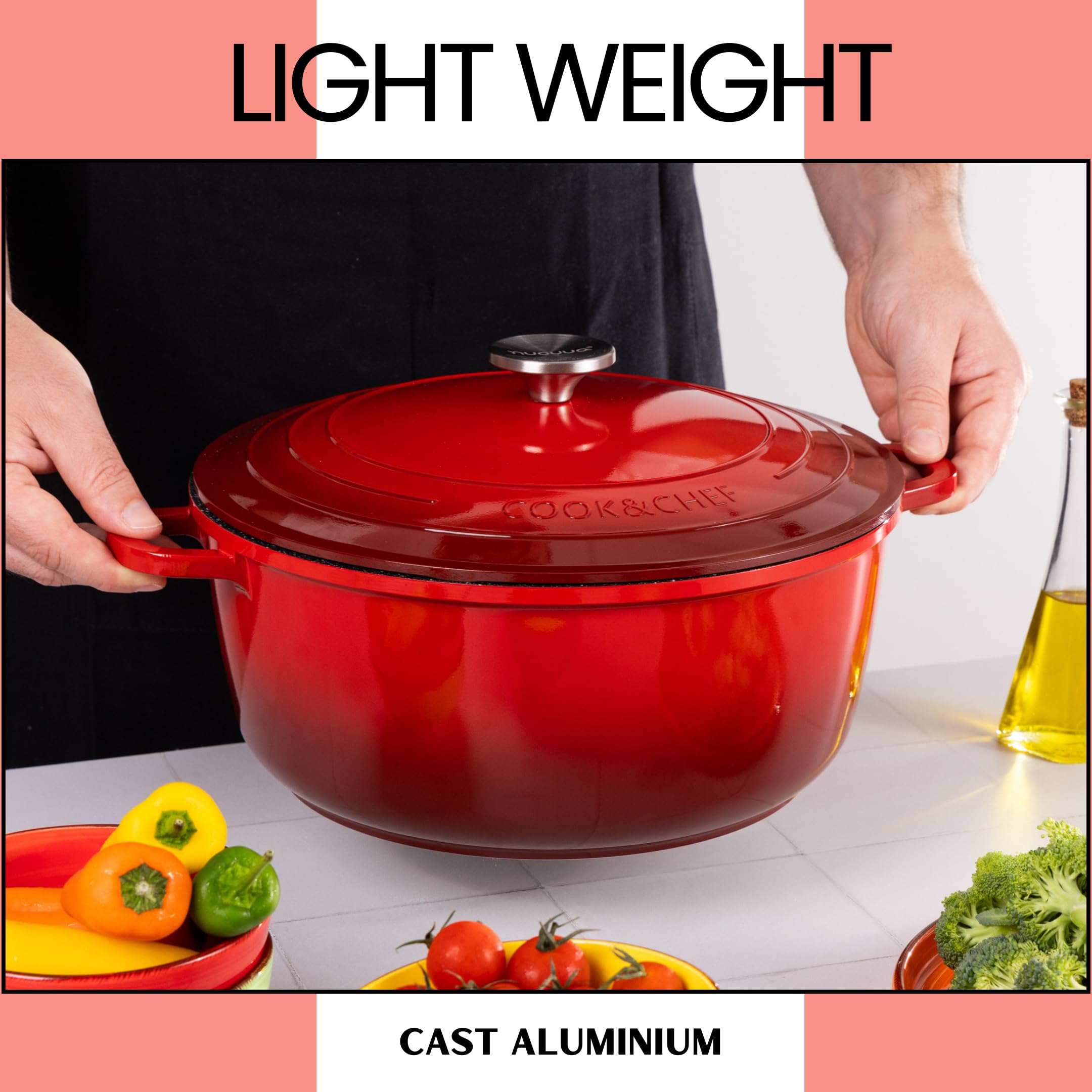 Dutch Oven Pot with Lid – Non Stick Dutch Oven for Bread Baking – Cast Aluminum Cooking Pot – Oven Safe Stock Pot – 6.8-Quart, 11 Inch, Red – by Nuovva
