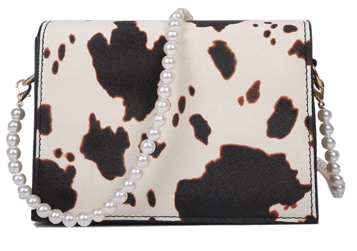 Cow Print Clutches Pearl Strap Evening Purse Mini Handbag Crossbody Bag (Beige)