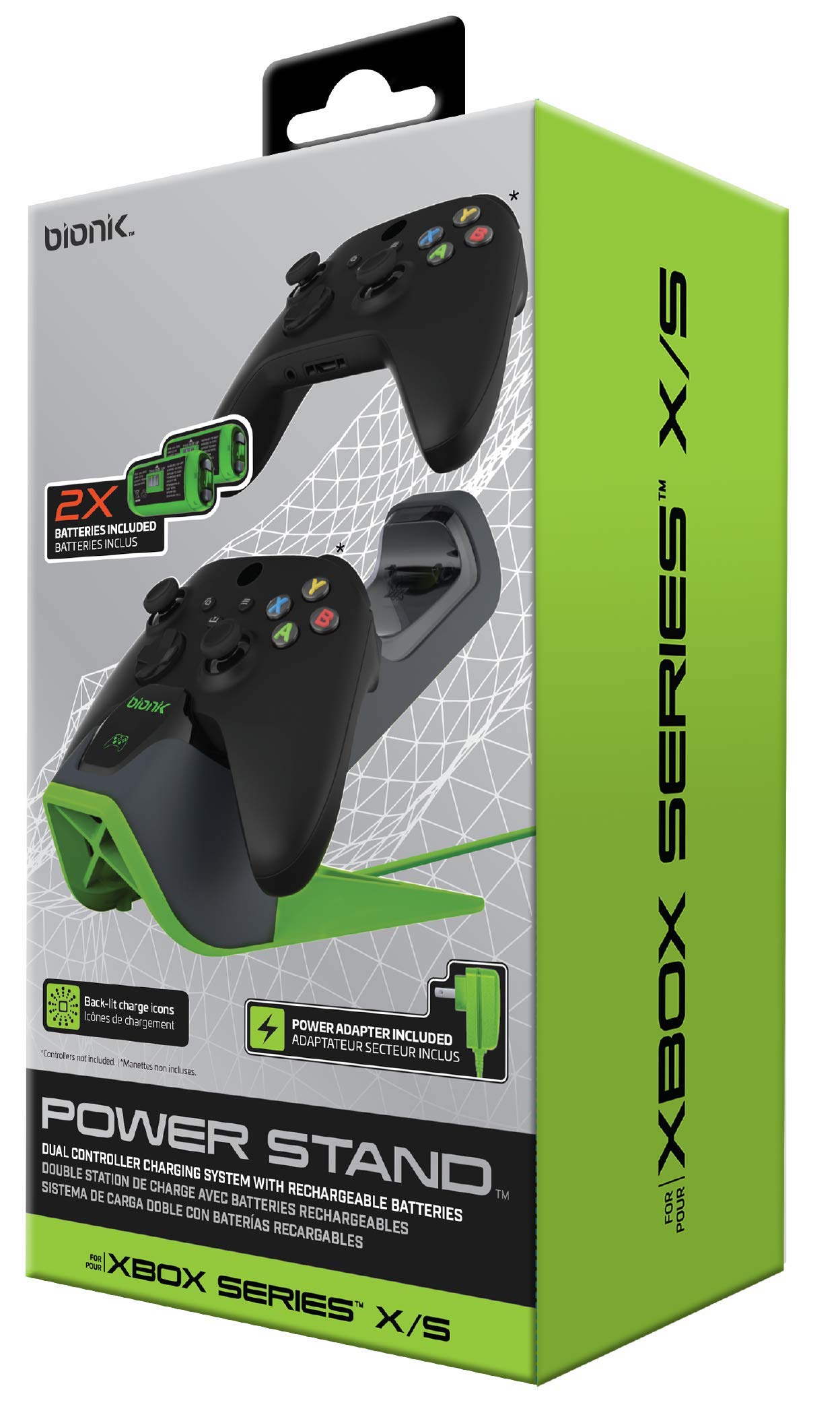 Bionik Power Stand for Xbox Series X/S: Dual Charge & Storage Dock with 2 Rechargeable Batteries-Power Adapter Included (BNK-9070) - Xbox Series X