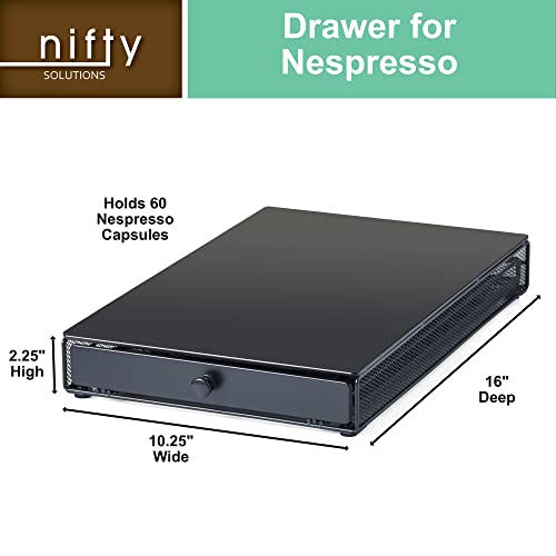 Nifty Large Nespresso Original Line Capsule Drawer – Black, 60 Capsule Pod Pack Holder, Non-Rolling Sliding Drawer, Under Coffee Storage Solution, Office or Home Kitchen Coffee Bar Organizer