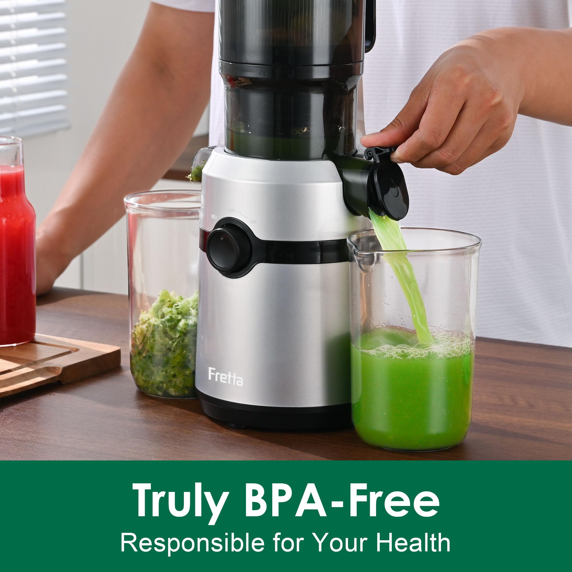 Cold Press Juicer Machines,Fretta Slow Masticating Juicer Machines with 4.25" Large Feed Chute,Fit Whole Fruits & Vegetables Easy Clean Self Feeding,High Juice Yield,BPA Free (Silver)