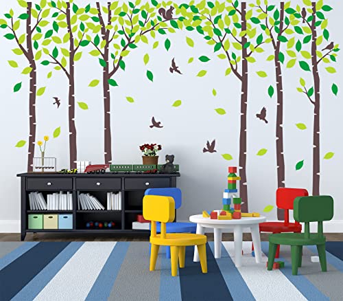 Six Birch Tree Wall Decals Birds Cute Squirrel Forest Wall Stickers for Kids Room Nursery Bedroom Living Room Classroom Decoration (Brown,Green)