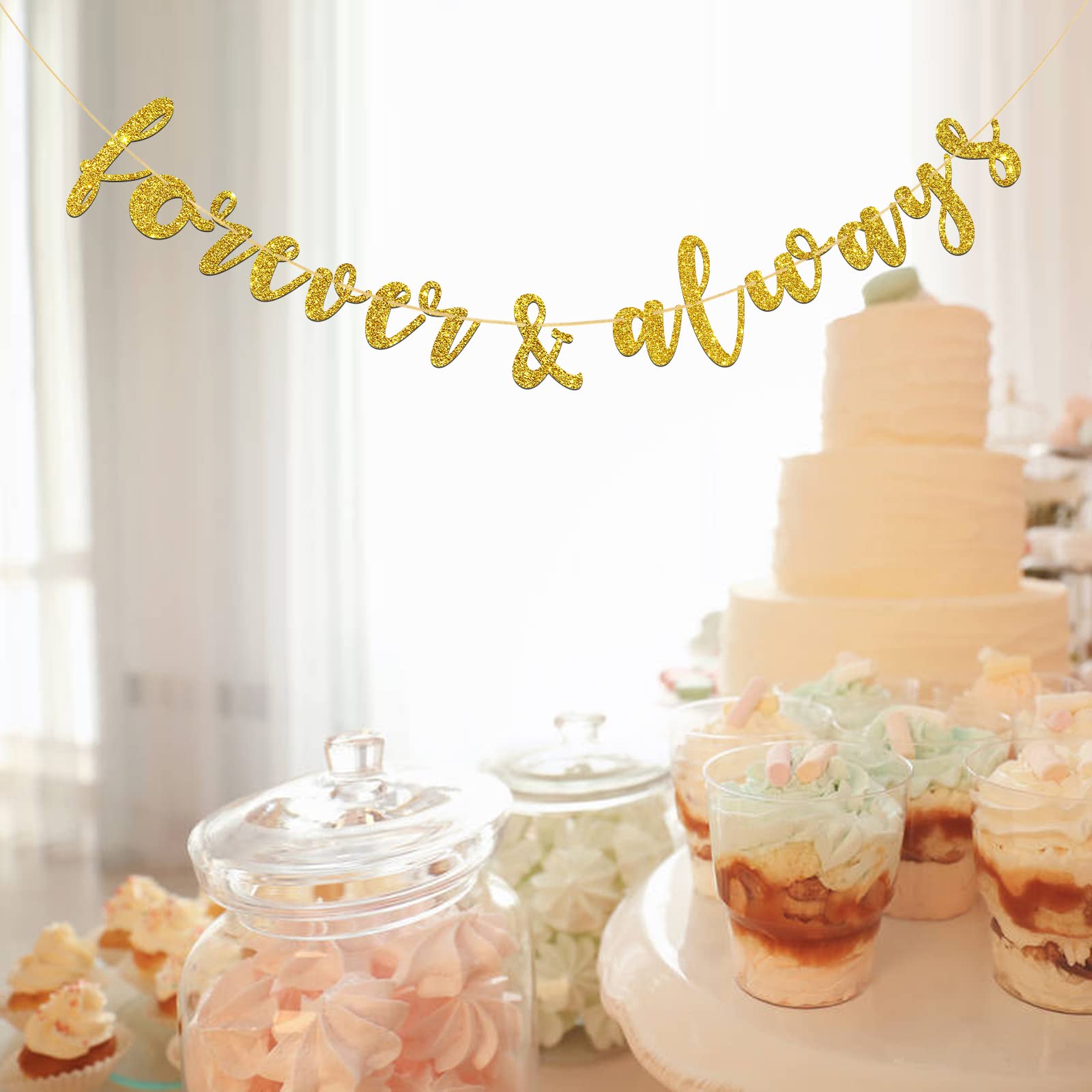 Forever & Always Banner for Bridal Shower,Engaged,Wedding Anniversary Party Decorations(Gold Glitter)