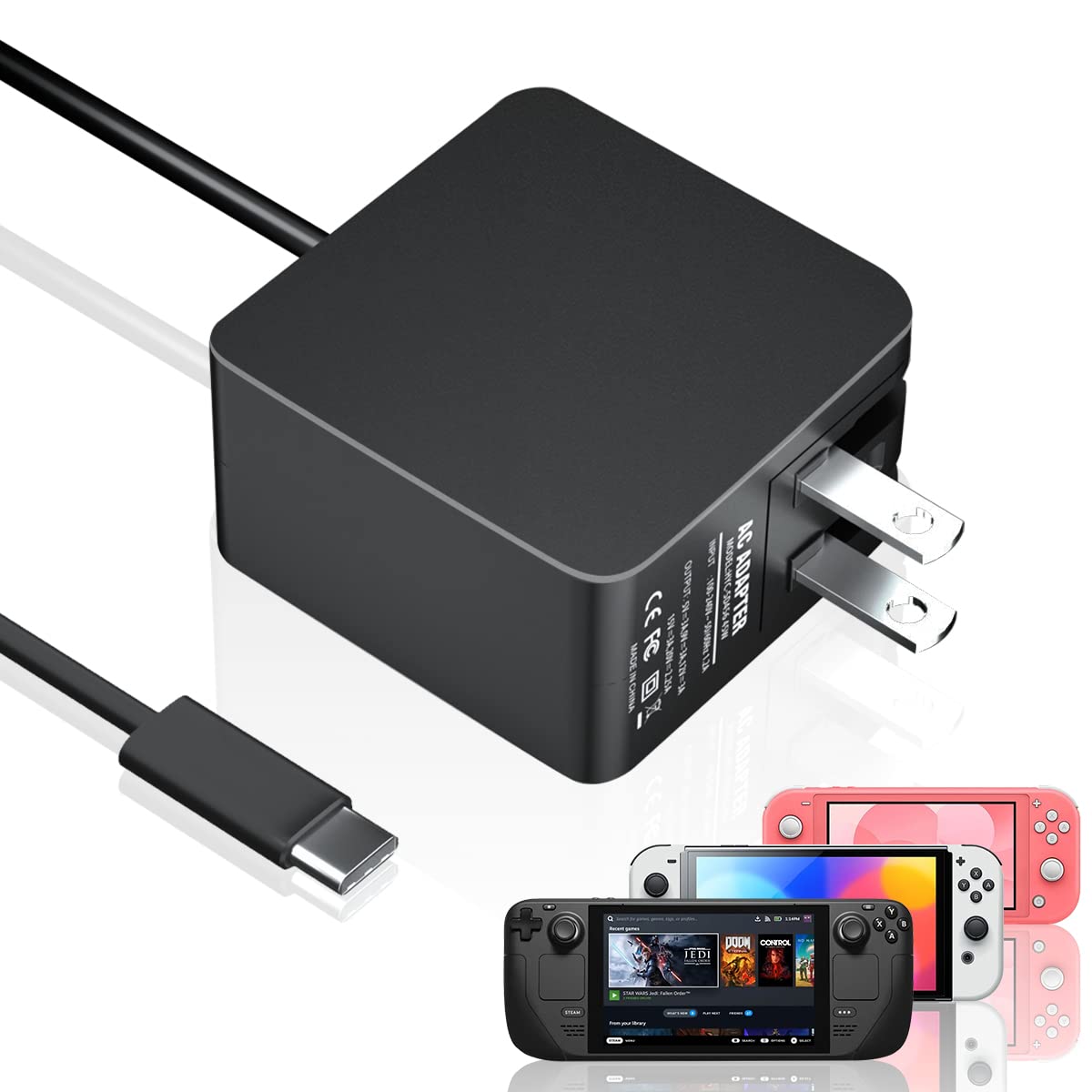 Charger for Nintendo Switch and Steam Deck AC Power Supply Adapter with 5FT Charging Cable Cord, Support Switch Steam Deck TV Dock Mode, Output 15V2.6A to 20V2.25A