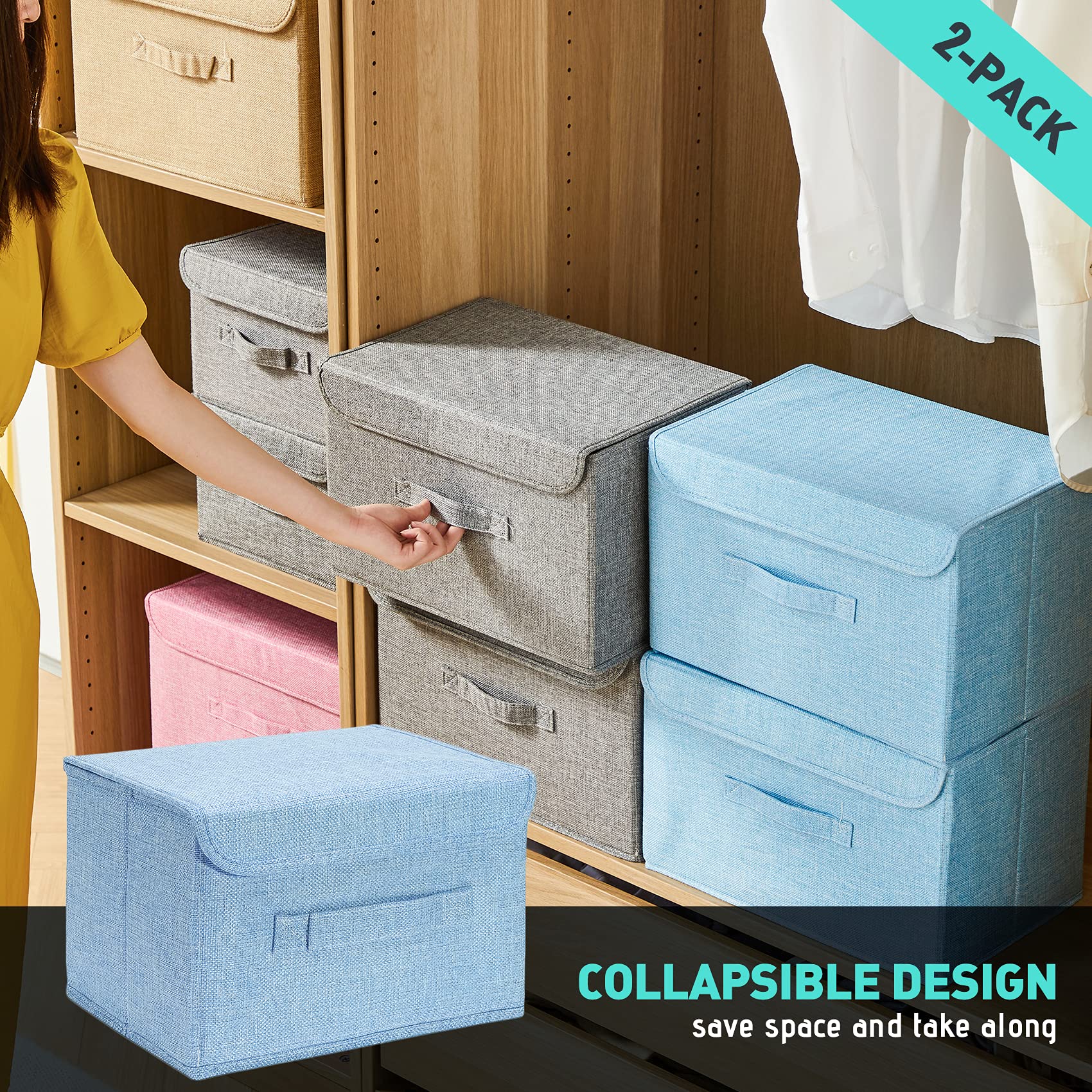 FUDDE foldable fabric storage box[2-Pack] dust-proof storage boxes with flip lid, can store clothes, shelves, books and toys, used in family bedroom closet storage boxes. (L, Blue)
