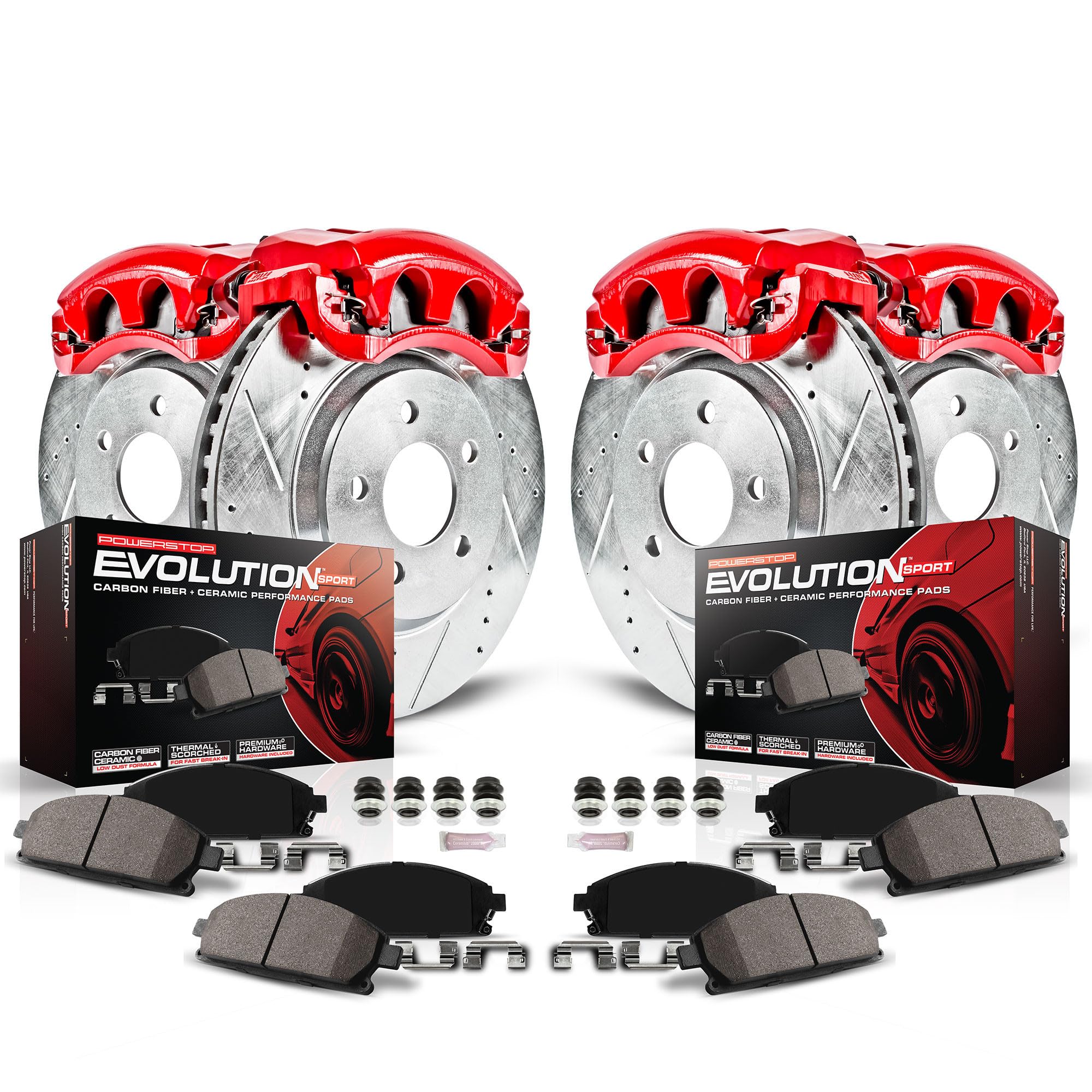 Power Stop KC4462, Z23 Front and Rear Brake Kit-Drilled/Slotted Rotors, Carbon Ceramic Pads, Calipers and 2 Front & 2 Rear Sensor Wires