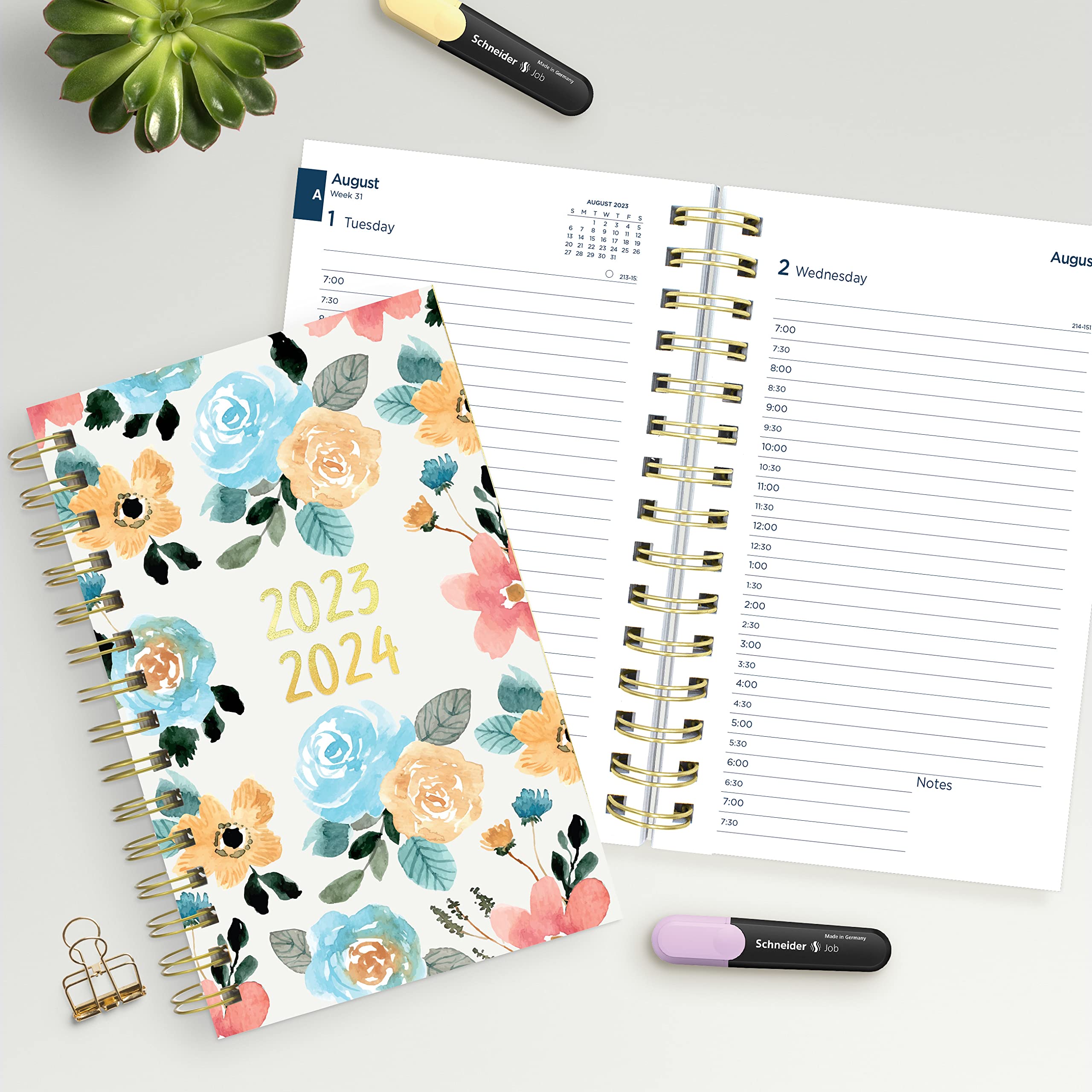 Blueline Essential Academic Daily/Monthly Planner, August 2023 to July 2024, Gold Twin-Wire Binding, Poly Cover, 8" x 5", Blossom Design, Yellow (CA214PG.02-24)