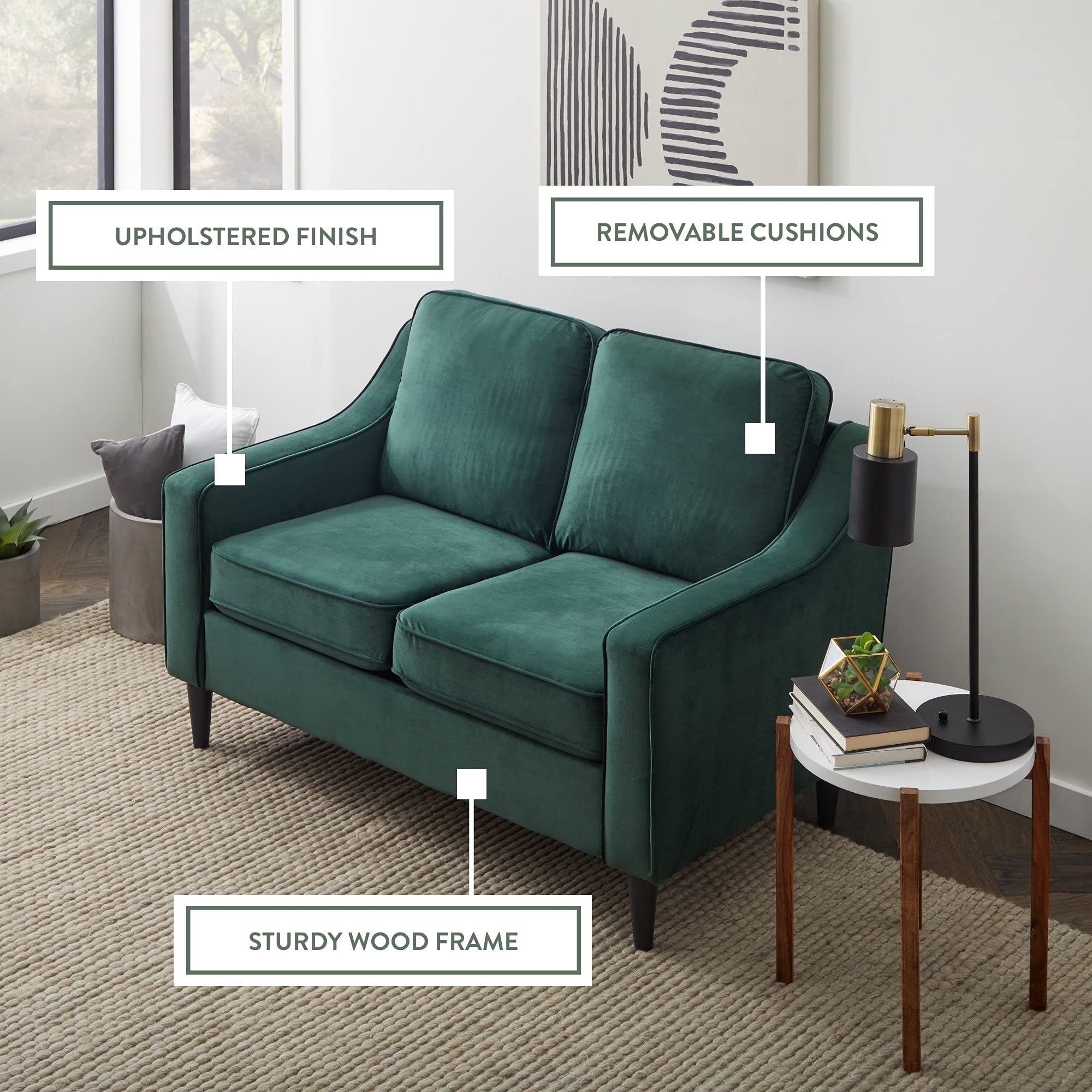 Edenbrook Jensen Upholstered Loveseat – Green Velvet Loveseat - Living Room Furniture - Small Loveseat- Seats Two - Scoop Arm Modern Couch - Couches