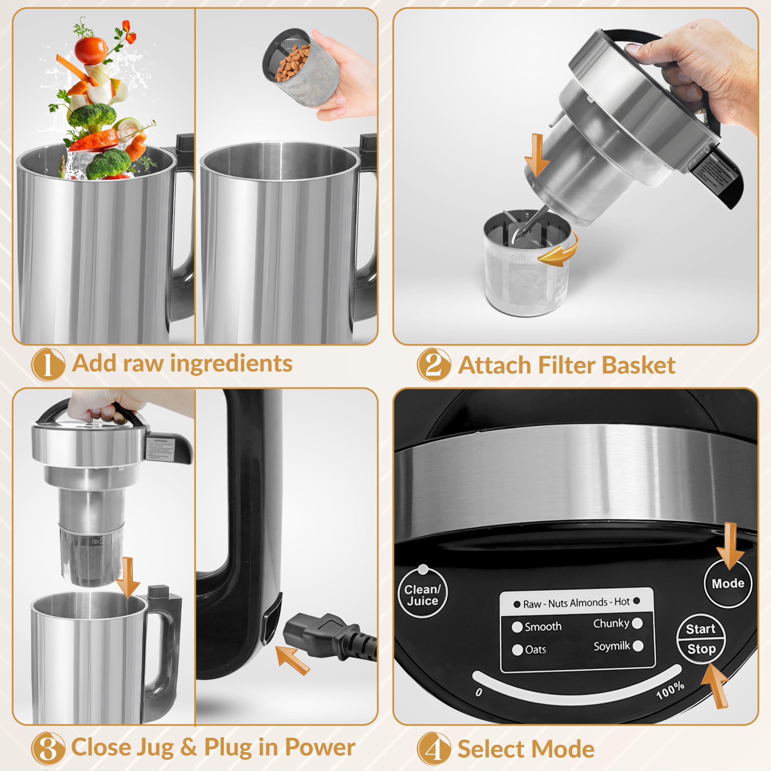 Crayton Nut Milk Maker Machine with Built-in Strainer, 51oz/ 1.5L Stainless Steel Almond Milk Maker for Soy, Almond, Oat, Cashew Nut Milks & More, 7-in-1 Multi-Functional, 6-7 Cups Per Batch, 120V