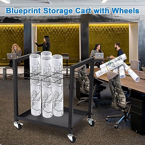 Blueprint Storage Rack Cart,Rolling File Cart with Wheels, 20 Slots Roll File Holder for Home Office School to Storage Poster Architectural Plan Wrapping Paper,Metal Roll File Organizer for Home