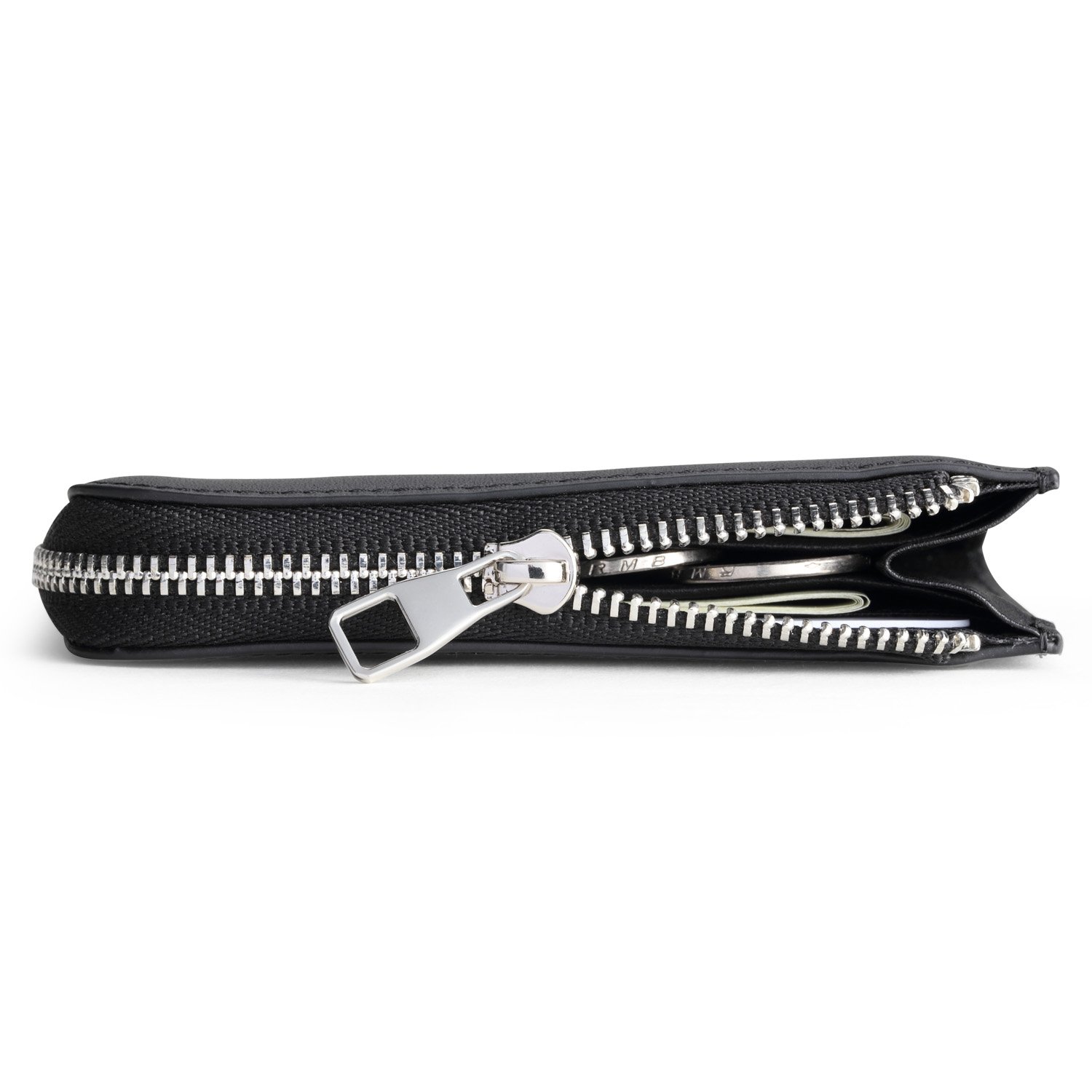 HISCOW Metal Zipper Slim Sector Wallet with 2 Card Slots - Italian Calfskin (Black)