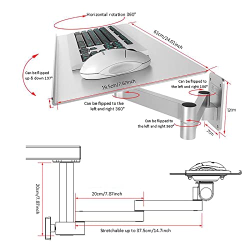 HM&DX Wall Mount Adjustable Keyboard Tray,Keyboard and Mouse Tray Wall Mount,Height Adjustable Typing Platform,sit-Stand Keyboard Arm Keyboard Bracket,Swivel Keyboard Tray for Home Office