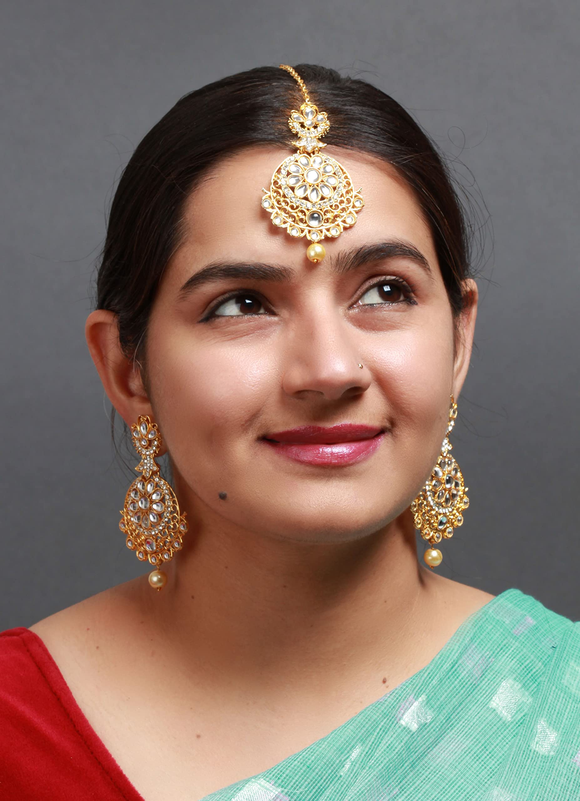 Bindhani Bollywood Fashion Kundan Stone Indian Drop Earrings With HeadPeice Maang Tikka Set For Women (Gold)