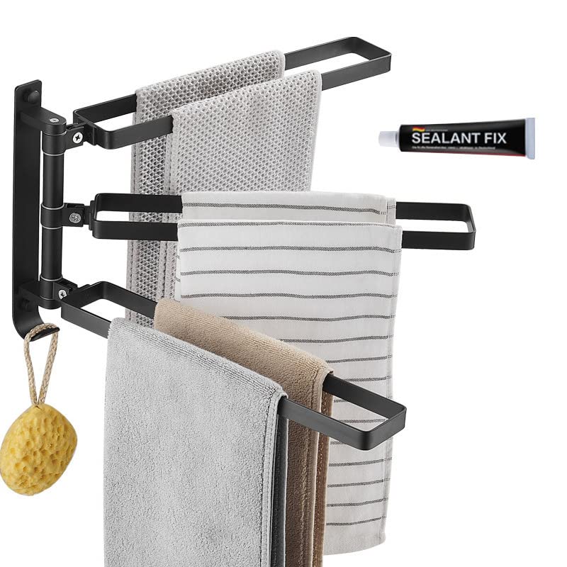 Kindream Swivel Towel Rack Bathroom 13inch Hand Towel Bar Bathroom Swing Hanger Towel Rack Holder Matte Black Finish, Wall Mounted, 3-Arm