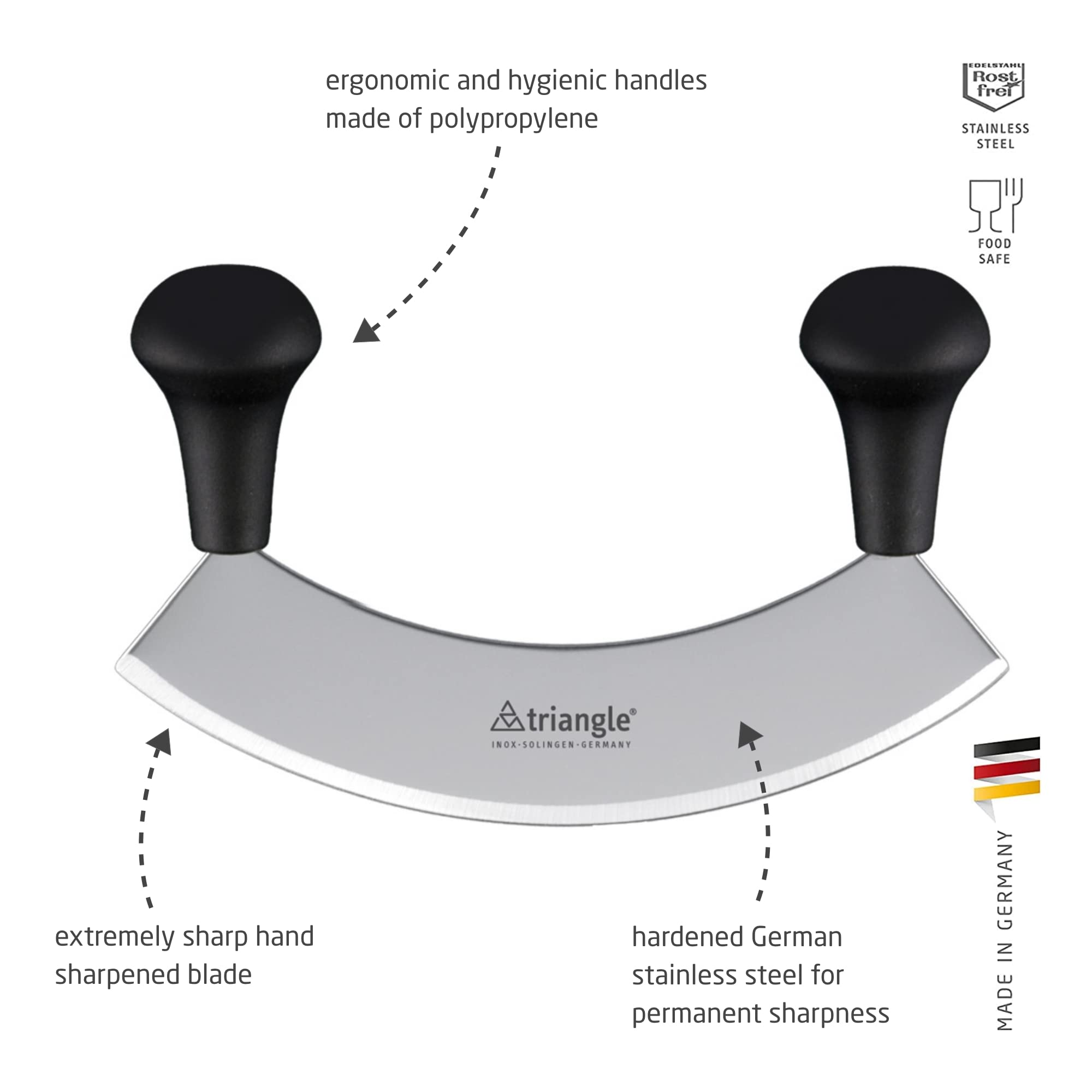 triangle Mincing Knife - 9” Tempered Stainless Steel Curved Blade - Mezzaluna Knife & Pizza Cutter - Anti-Slip, Ergonomic Handles - Made in Germany