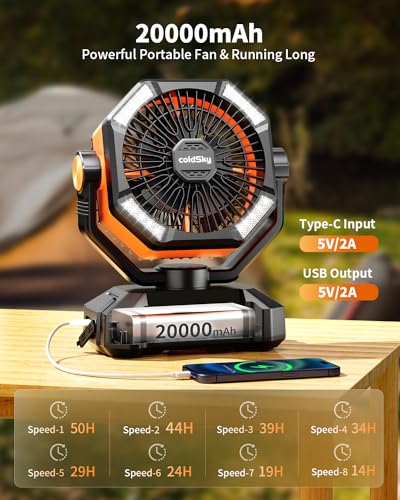 coldSky ๐ฎ๐ฌ๐ฌ๐ฌ๐ฌ๐บ๐๐ต Camping Fan with ๐๐๐ฎ๐น ๐ ๐ผ๐๐ผ๐ฟ, Battery Operated Fan with 4 LED Lantern, 8 Speeds Desk Fan with Remote, Portable Outdoor Fan with Hook for Tent, Power Outages, Jobsite
