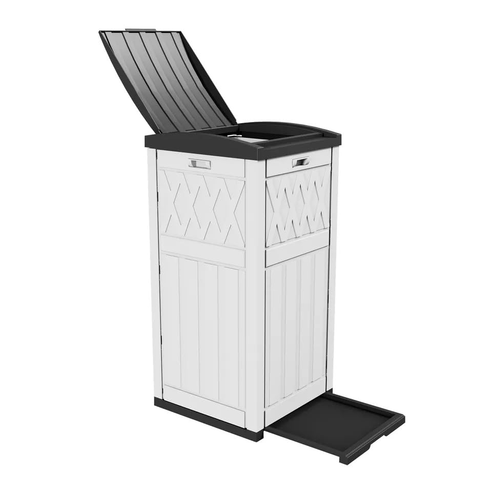 Denominate Outdoor Trash Can with Tiered Lid and Drip Tray Gray, 33 Gallon Size, Waterproof Garbage Bin for Patio or Yard Debris Management