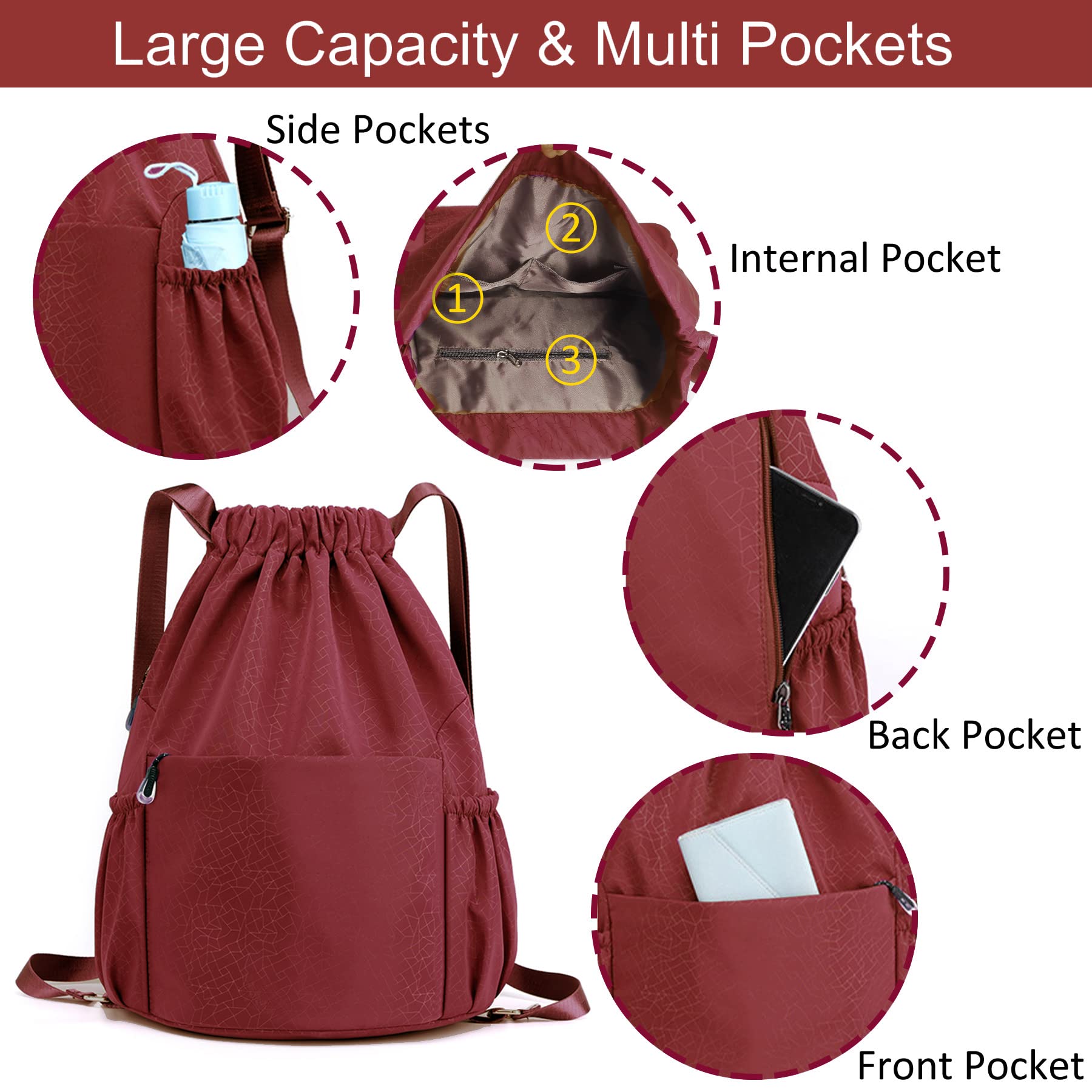 CALACH Drawstring Backpack Sports Yoga Sackpack for Women Men Waterproof Nylon Gym Sack DayPack with Multi Pockets (red)